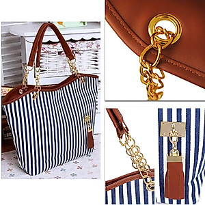 Rullar Women Tassel Canvas Handbag Purse Stripes Tote Fashion Shoulder Bag Large Capacity Satchel(Blue Stripe)