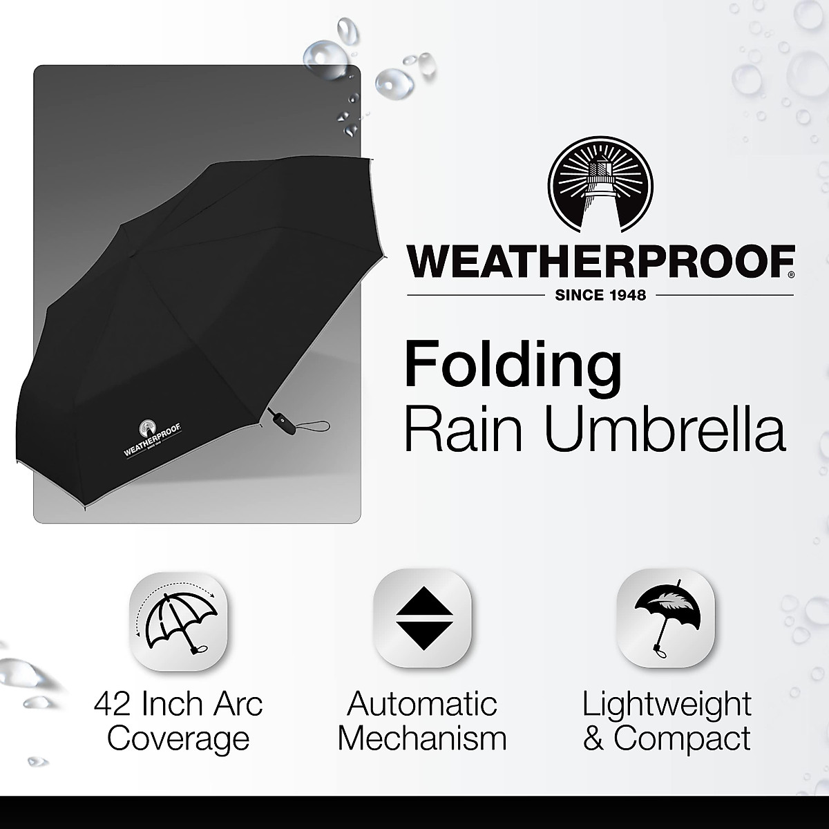 Weatherproof Automatic Rain Umbrella, Compact, Lightweight, and Wind Resistant Folding Umbrella for Travel, Full 42 Inch Arc, Black