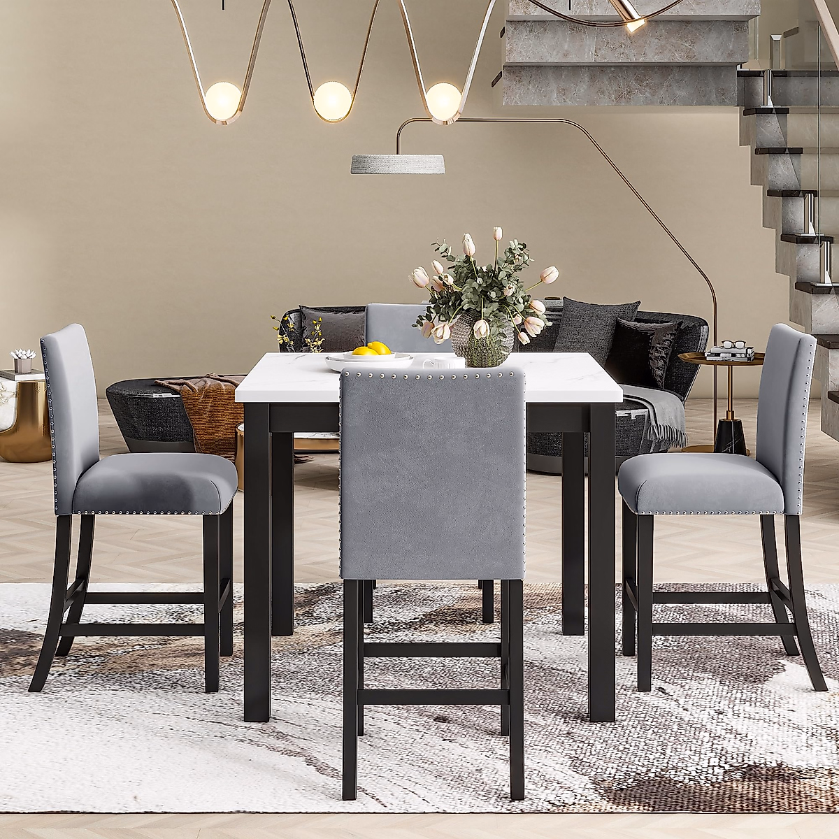 Merax Dining Table Set for 4, Counter Height Dining Table Set with Faux Marble Dining Table and 4 Upholstered-Seat Chairs, 5 Piece Dining Room Table Set for Kitchen and Living Room Furniture, Gray
