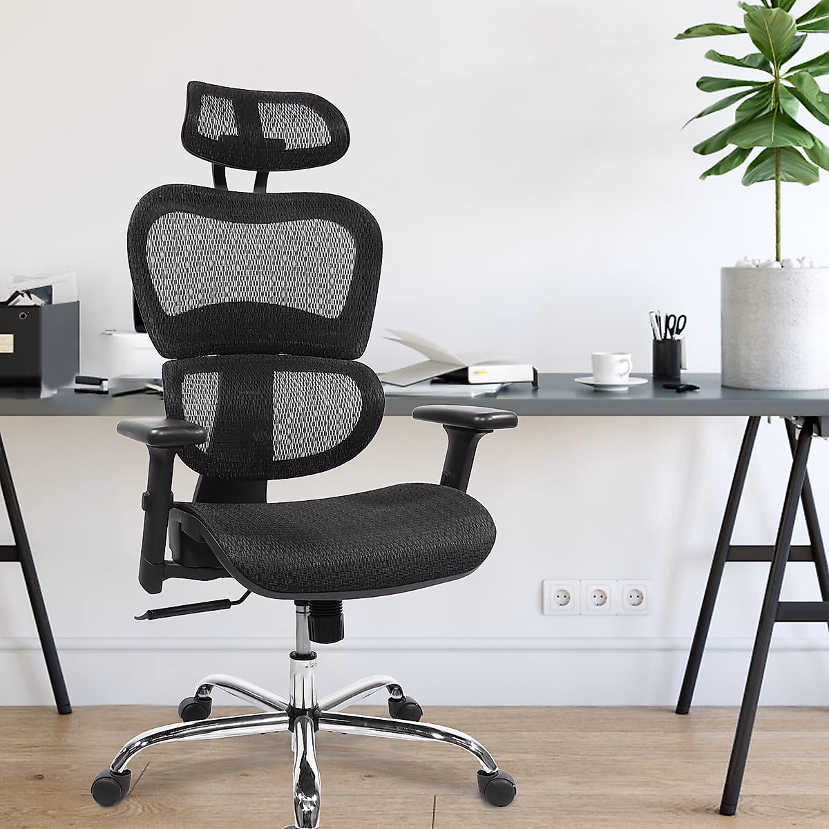 Ergonomic Office Chair, High Back Mesh Chair Computer Desk Chair with Lumbar Support and 3D Adjustable Headrest and Armrests for Home Office, Conference Room, Reception Room, Gaming Room (Dark Black)