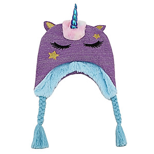 Newfancy Kids Girls Cute Glitter Unicorn Beanie Winter Hat and Glove Set Knitted Earflap Cap Flip Top Mitten Set Purple One Size