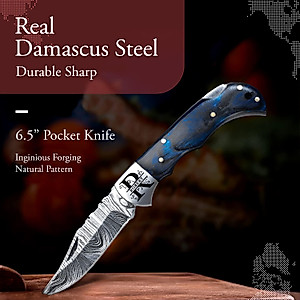 Morf Steelware Customized Damascus Steel Pocket Knife Handmade Folding Knives Small Pocket Knife for Outdoor, Camping, Hiking (Personalized Blue Pakka Wood)