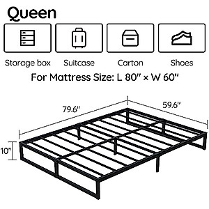 Richwanone 10 Inch Queen Bed Frame Metal Platform Mattress Foundation with Steel Slat Support, No Box Spring Needed, Easy Assembly, Black