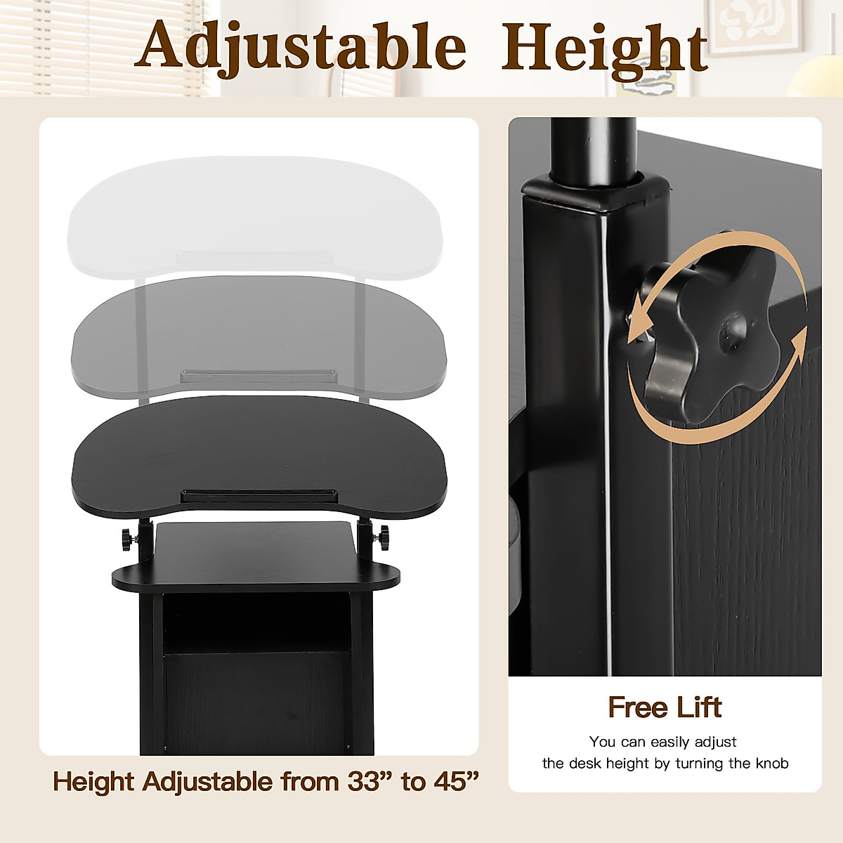 bimiti Mobile Lectern Podium Stand Height Adjustable Sit-to-Stand Desk with Tilting Desktop & Storage Cabinet Rolling Lectern Cart Laptop Desk on Wheels, Podium Stand for Classroom Church Home Office