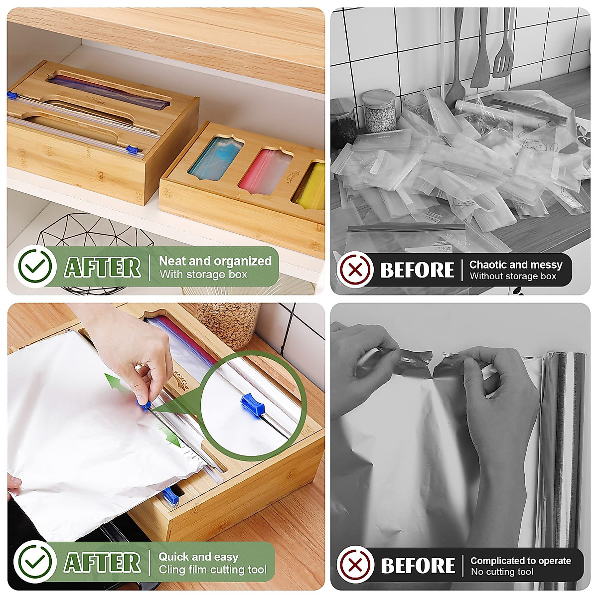 Homde Ziplock Bag Organizer Bamboo, Foil and Plastic Wrap Organizer with Cutter for Kitchen Drawer, Plastic Bag Storage for Gallon,Quart,Sandwich,Snack