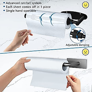 Paper Towel Holder,Under Cabinet Paper Towel Holder for Kitchen with Damping Effect,Single Hand Operable Adhesive or Drilled Wall Mount Black Hanging Paper Towel Roll Rack Holder for Bathroom