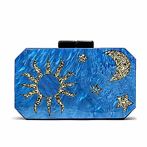 Acrylic Small Clutch Purses for Women,Gold Stars Moon and Sun Patterns, Blue Evening Clutch for Party