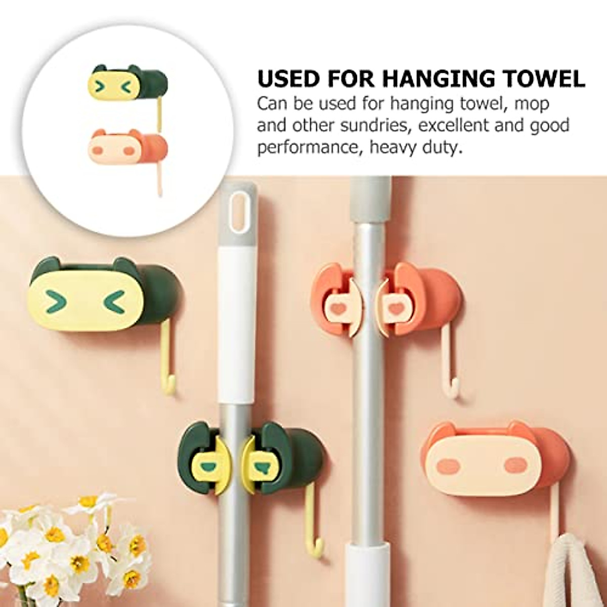 Alipis 2pcs Garage Laundry Kitchen Rack Hanger Hole-Free Duty Broom Hooks Organizers Handle Cartoon Supplies Plastic Holder Hotel Nail Tool Clip Restaurant Hook Garden Mop Punch Rake