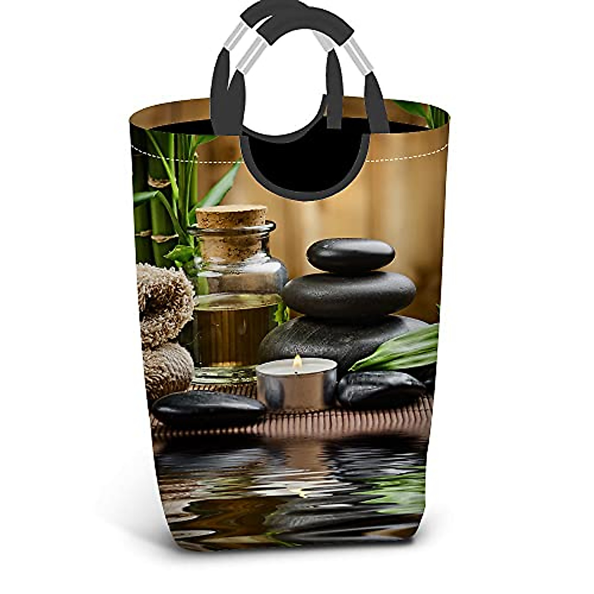 Wondertify Zen Laundry Hamper Basalt Stones Spa Oil Wood Green Bamboo Black Pebble Clothes Basket With Easy Carry Handles For Clothes Organizer Toys Storage