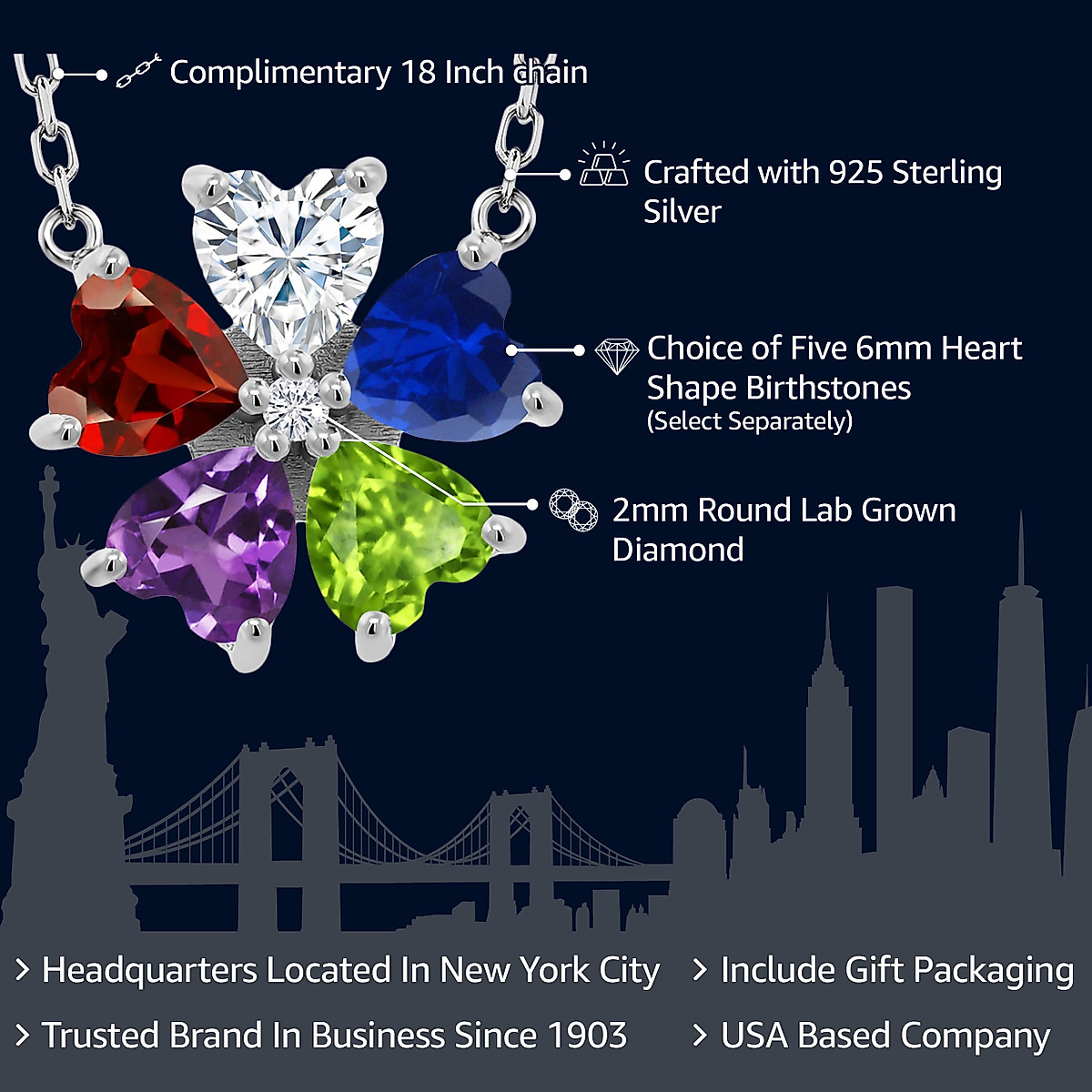 Gem Stone King 925 Sterling Silver Customized and Personalized 5-Stone Heart Shape Gemstone Birthstone and Lab Grown Diamond Necklace For Women With 18 Inch Chain