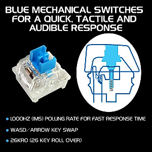 ENHANCE Pathogen 2 Blue Switch Mechanical Keyboard - Mechanical Gaming Keyboard with Fast 1ms Response Polling Rate with Integrated Wrist Rest, 26KRO & Anti-Ghosting, 7 LED Lighting Effects