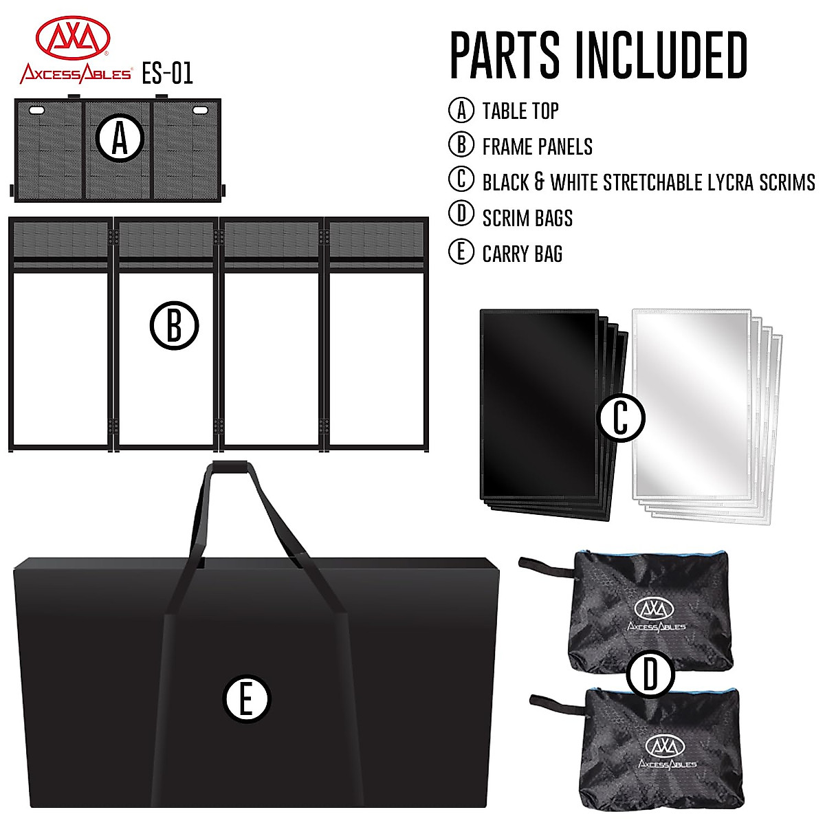 AxcessAbles Portable DJ Facade Booth with Black and White Lighting Scrims, Carry Cases | Standing DJ Table - 40" x 20" | DJ Controller Stand | Recording Mixer Stand| DJ Booth (ES-01)