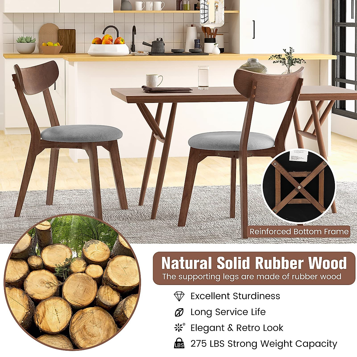 COSTWAY Dining Chairs Set of 2, Mid-Century Modern Kitchen & Dining Chairs with Curved Back and Cushioned Seat, Walnut Finished Wood Living Room Side Chairs for Kitchen, Dining Room, Bistro