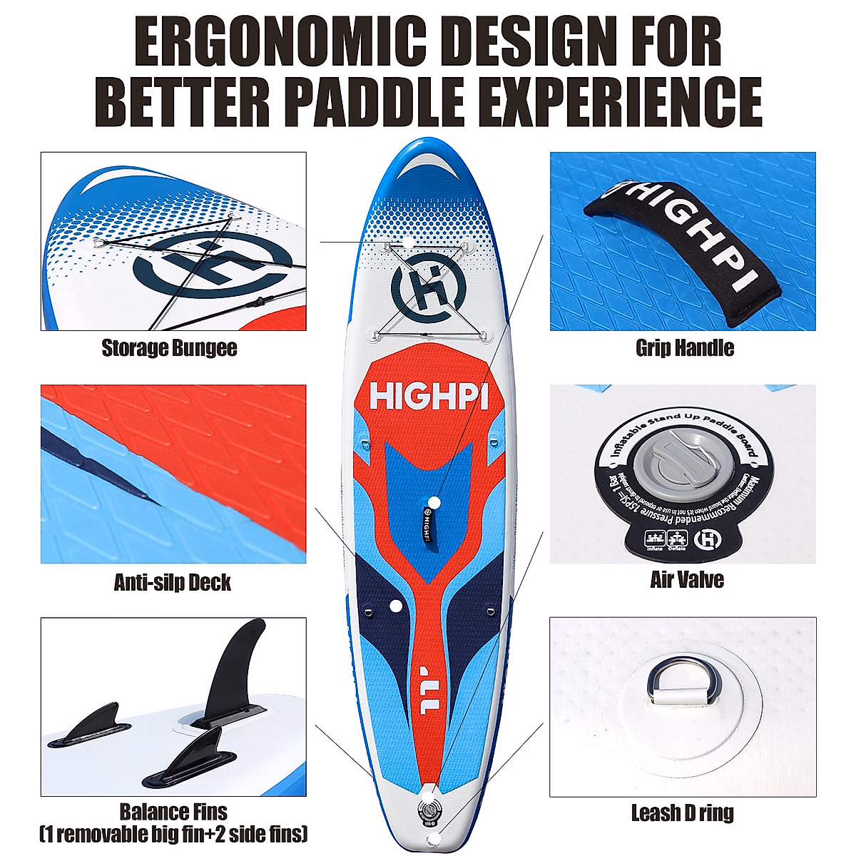 HIGHPI Inflatable Paddle Boards, 11'x33''x6'' SUP for Adults&Youth, Stand Up Paddle Boards with Accessories, Anti-Slip Deck, Stable Durable Lightweight, Suitable for Yoga Fishing Traveling