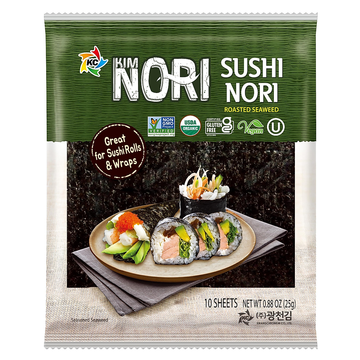 KIMNORI Sushi Nori Seaweed Sheets – 10 Full Size USDA Organic Yaki Roasted Rolls Wraps Snack 100% Natural Laver Gluten Free No MSG Non GMO Vegan Kosher 25 Gram 0.88 Ounce 김 のり 海苔 紫菜