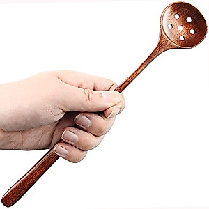 1 PC Korean Style 10.9" Long Handle Wooden Round Slotted Spoons for Jam Olive