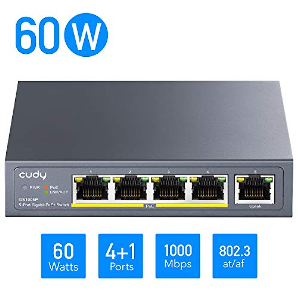 Cudy GS1005P 5 Port Gigabit PoE Switch, 4 PoE+ @60W, Desktop/Wall, Plug and Play, Sturdy Metal w/ Shielded Ports, Fanless, Traffic Optimization