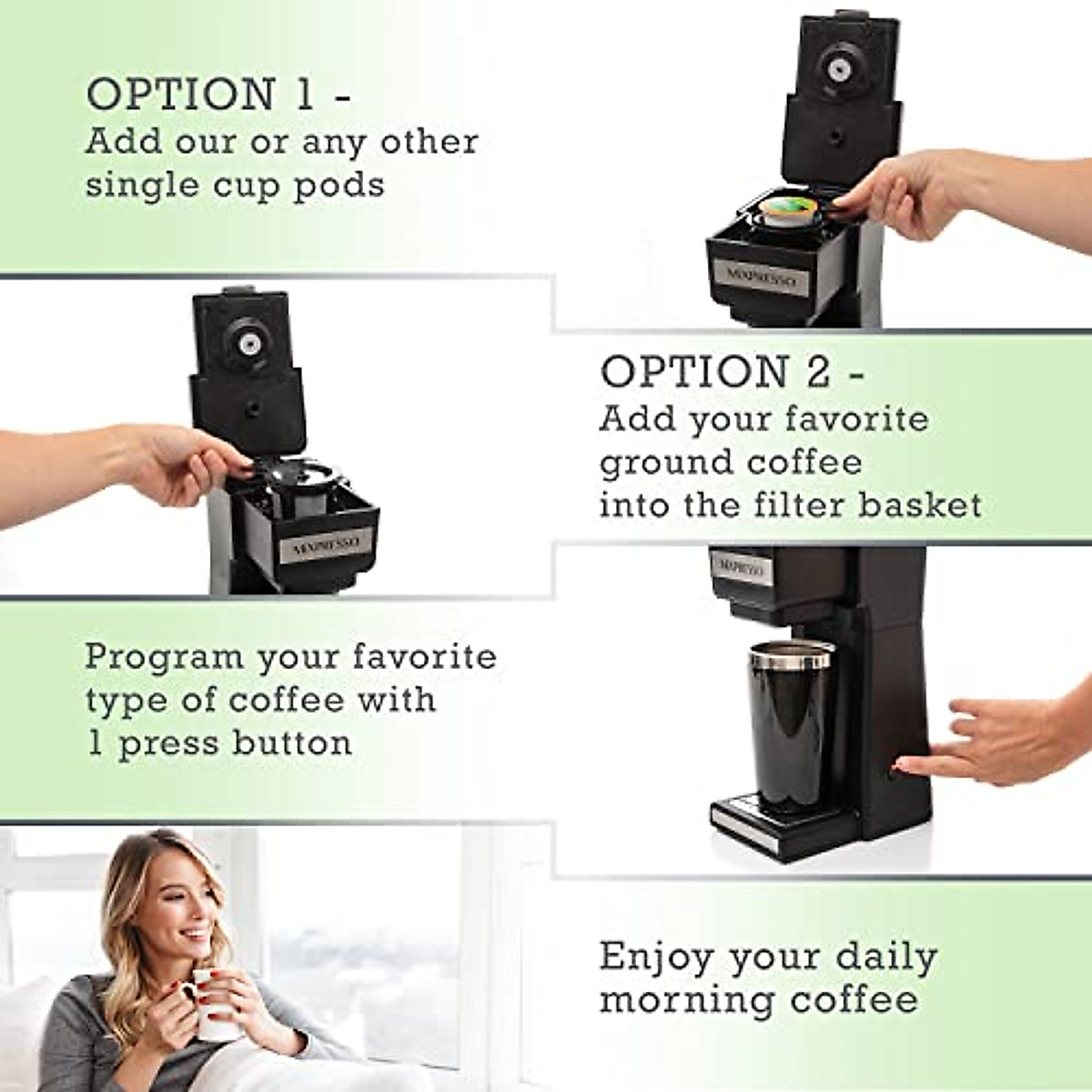 Mixpresso Coffee Maker Single Serve For Ground Coffee & Compatible With K Cup Pods, With 14oz Travel Mug & Reusable Filter For Home, Office & Camping.