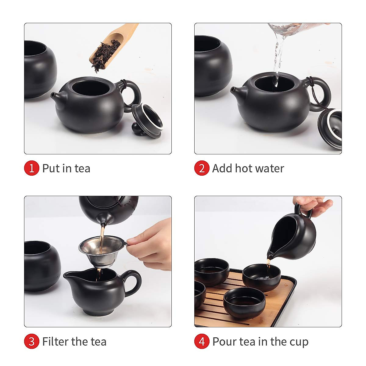 Lyty Chinese Tea Pot Cup Set with Tray Infuser - Travel Ceramic Tea set Porcelain Teapot, Portable All in One Gift Bag for Outdoor Picnic Business Hotel (Black)
