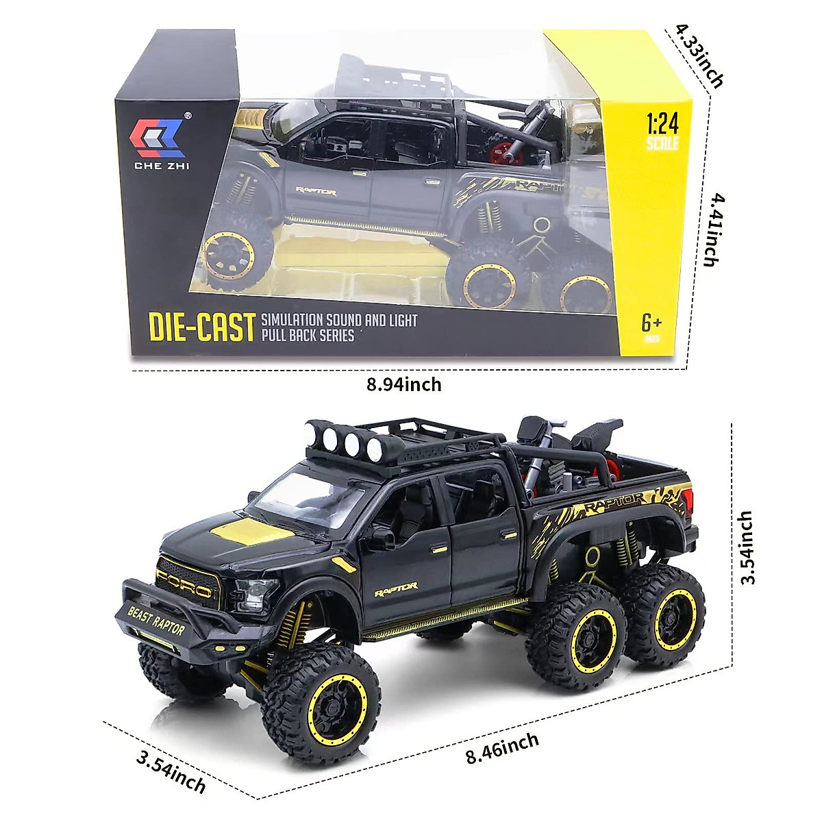 Monster Trucks for Boys - 1/24 Scale Die-Cast Metal Toy Car F150 with Sound and Light,Pickup Truck and Trailer Cars Toy Cars for 3+ Year Old Boys (Black)
