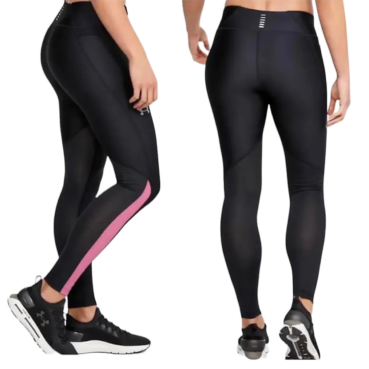 Under Armour UA HeatGear Women's Black Pink Mileage Full Length Compression Legging Active Pant (as1, Alpha, l, Regular, Regular)
