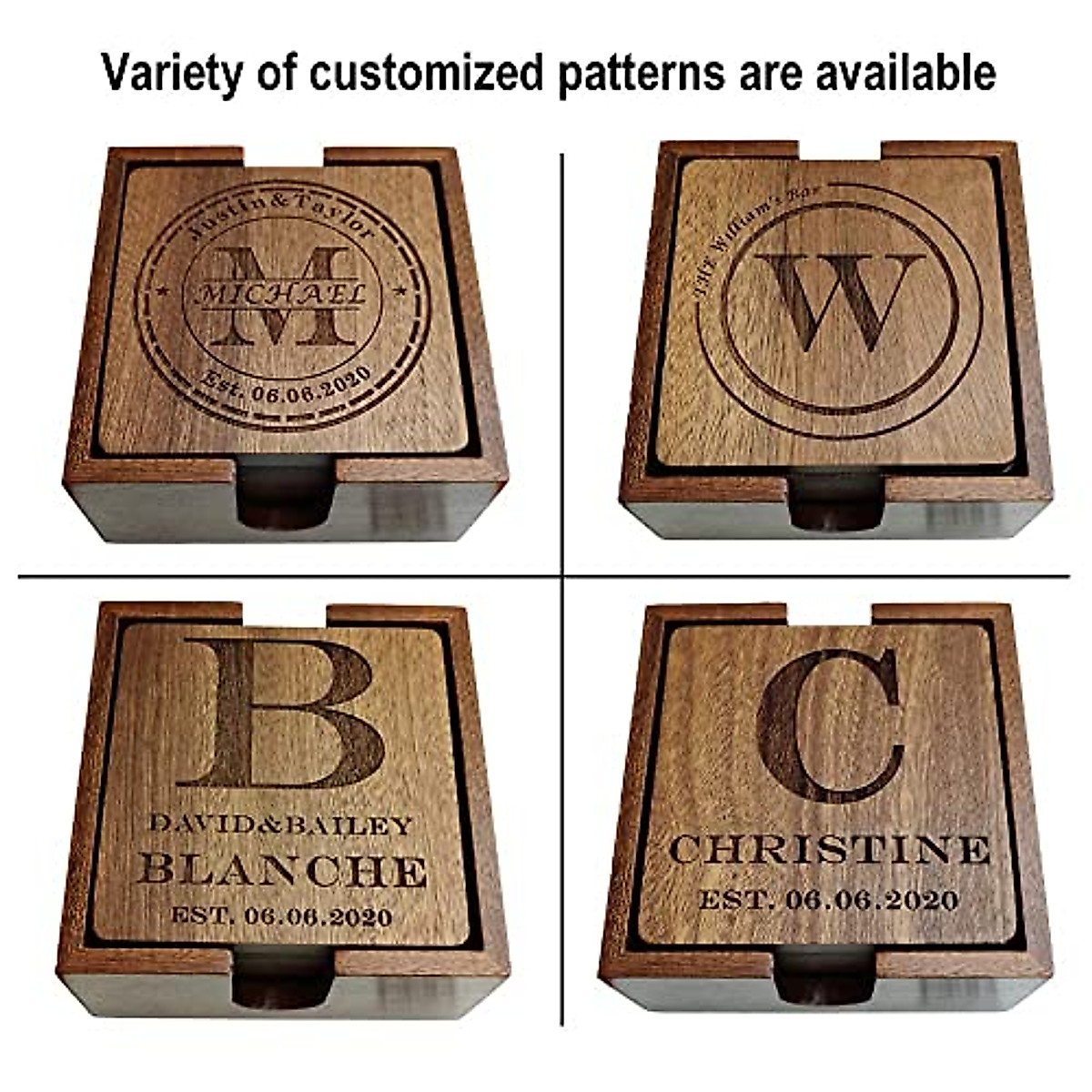 Personalized Coasters, Custom Engraved Wood Coasters for Drinks, Monogram Coasters with Holder, Wedding Gifts, Parents Gifts (M)