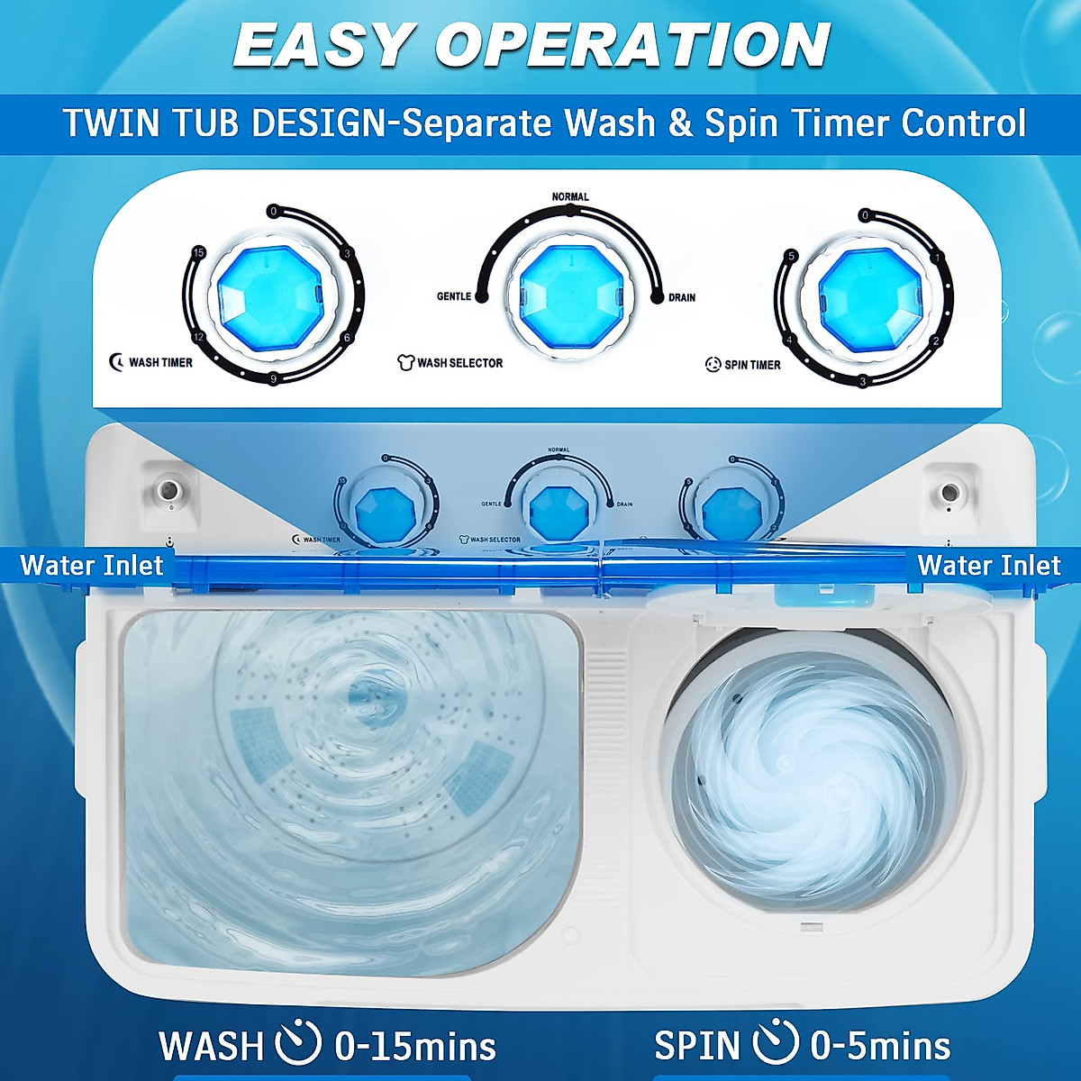 Avocahom Portable Washing Machine, 26/28Lbs Capacity Twin Tub Washer and Dryer Combo, Mini Compact Laundry Machine w/Control Knobs, Built-in Drain Dump & Timer Control, for Home/RV/Dorm/Apartment