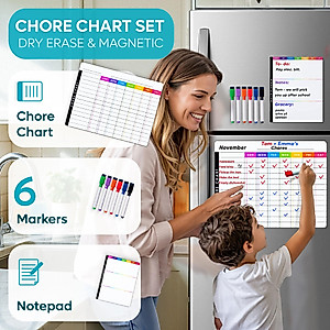 Magnetic Chore Chart Dry Erase Whiteboard Set - Reward Chores Chart for Multiple Kids, Teens & Adults (11.5"x 15"), Daily To-Do, Grocery, Notes (7"x 9") -Behavior Chart For Fridge & 6 Fine Tip Markers