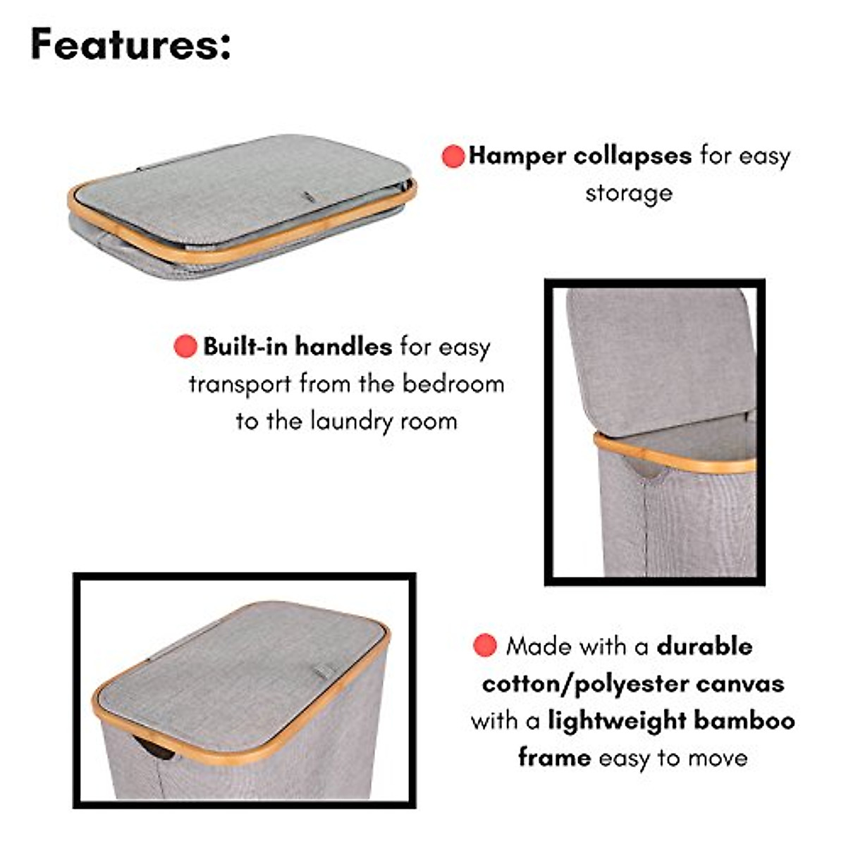 BIRDROCK HOME Bamboo & Canvas Hamper - Single Laundry Basket with Lid - Modern Foldable Hamper - Cut Out Handles - Grey Narrow Design - Great for Kids Adults