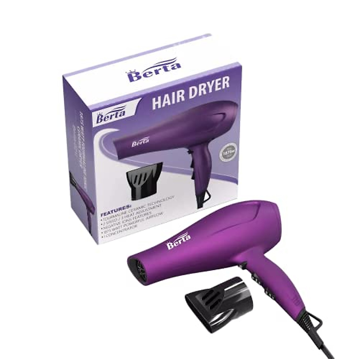 Matte Purple Hair Dryer 1875W Powerful Fast Drying Negetive Ion Blow Dryer Strong Air Flow 2 Speed & 3 Heat Settings DC Motor Plus One Concentrator