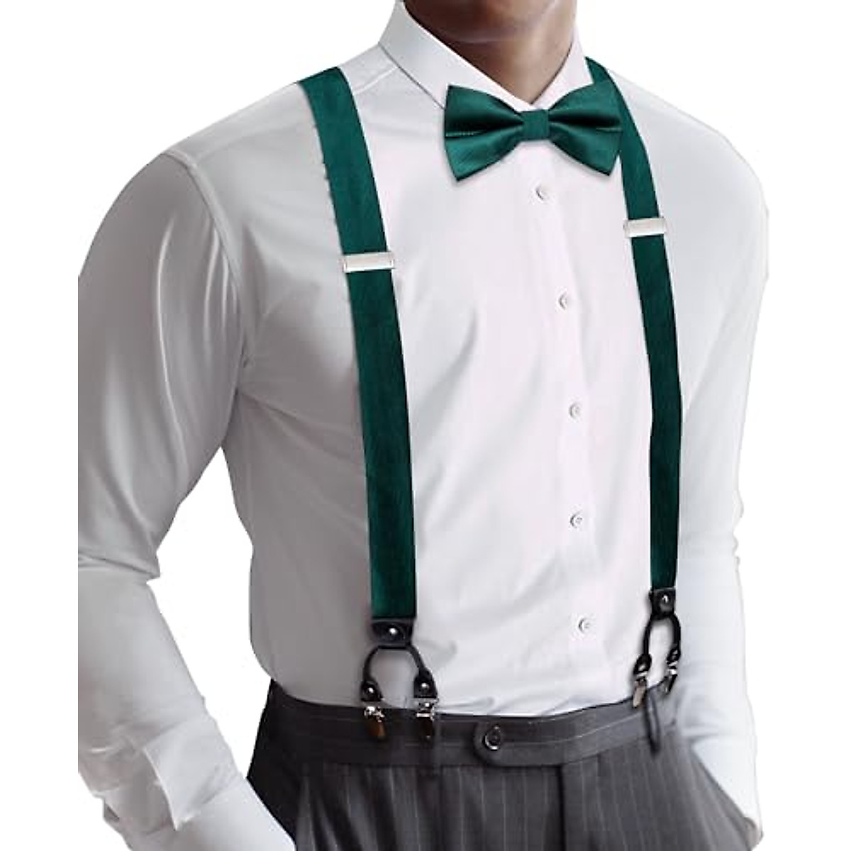 YOHOWA Men Suspenders Bowtie Set Stripe 6 Strong Clips Adjustable Y-Back Woven Brace Formal Wedding Party Tuxedo