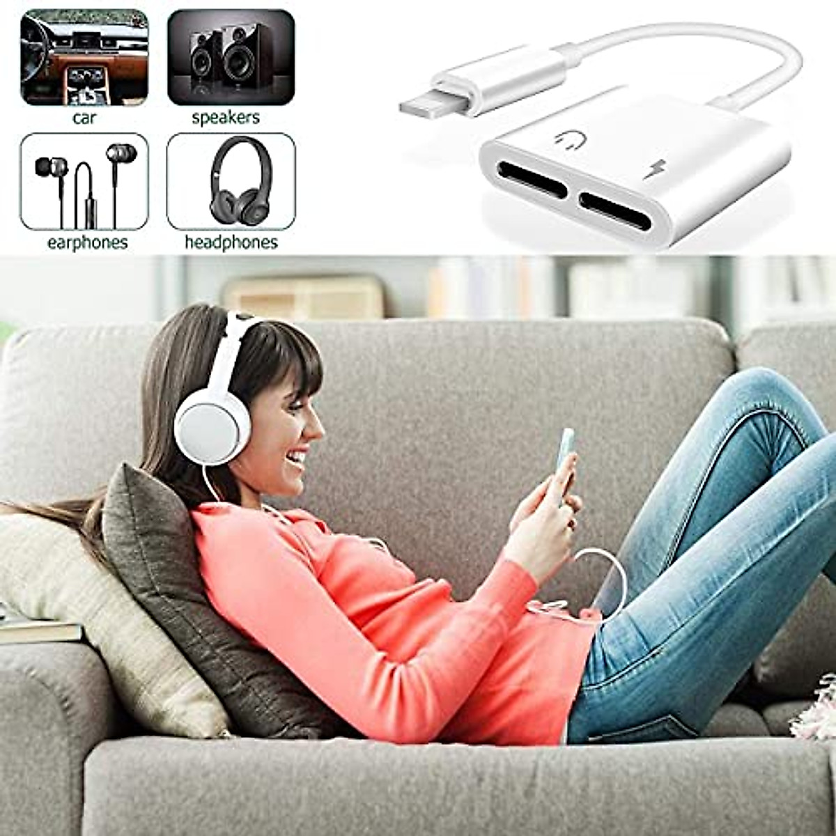 (2 Pack)[Apple MFi Certified] 2 in 1 Dual Lightning Adapter & Splitter for iPhone,Dongle Headphones Adapter Aux Cord 4 in 1 Music+Charge+Call+Volume Control Compatible for iPhone12/11/11 Pro/XS/XR /8
