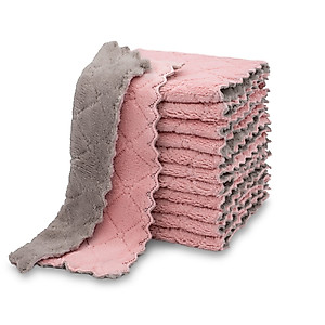 kimteny 12 Pack Kitchen Cloth Dish Towels, Premium Dishcloths, Super Absorbent Coral Velvet Dishtowels, Nonstick Oil Washable Fast Drying (Pink-Grey)