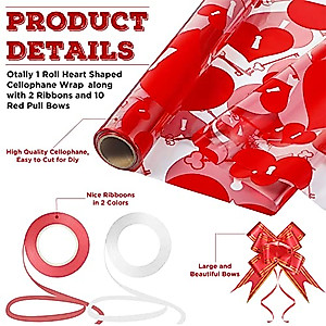 Valentine's Day Heart Cellophane Wrap Rolls 32 in x 100 ft Transparent Treat Gift Basket Wrapping Cellophane Paper Clear Plastic Roll with Red Pull Bows Ribbons for Valentine Birthday Holiday Flowers