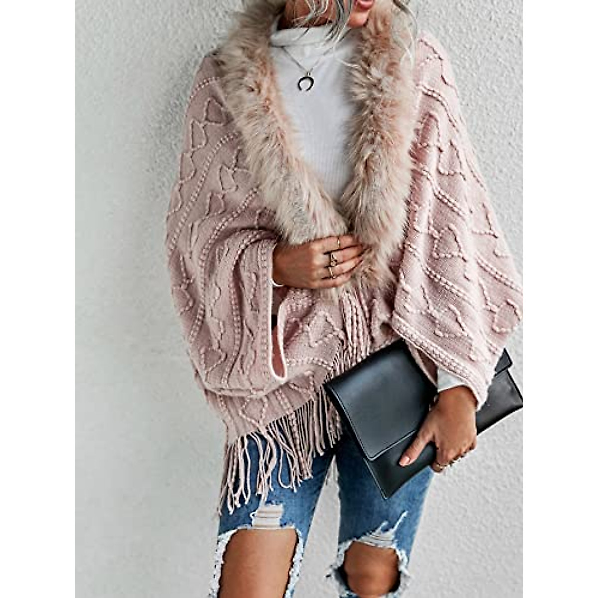 MakeMeChic Women's Textured Knit Fuzzy Trim Fringe Hem Open Front Cape Cardigan Light Pink one-size