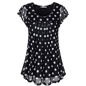 Furnex Womens Blouses and Tops for Work, Ladies Tops and Blouses Plus Size Floral Blouse for Women Business Casual Flowy Shirts Women Tunic Tops for Legging for Women Black Polka Dot Large