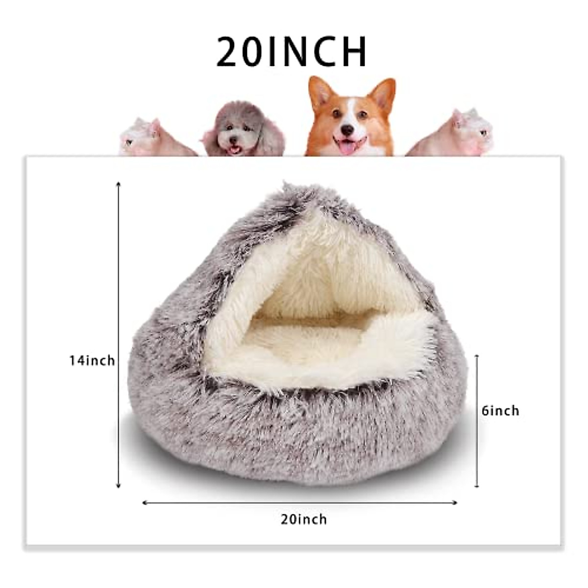 ShinHye Cat Bed Round Plush Fluffy Hooded Cat Bed Cave, Cozy for Indoor Cats or Small Dog beds, Soothing Pet Beds Doughnut Calm Anti-nxiety Dog Bed - Waterproof Bottom Washable (20×20inch, Coffee)
