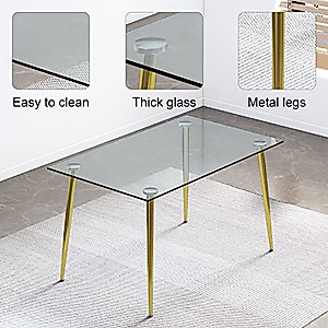 POULEII Glass Dining Table,Modern Minimalist Rectangular Table with Tempered Glass Tabletop and Golden Chrome Metal Legs for 6-8, Space Saving Dining Table for Kitchen Dining Room