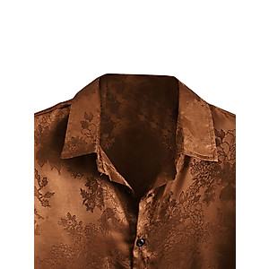 Floerns Men's Floral Jacquard Short Sleeve Button Front Satin Shirt Blouse Top Brown XL
