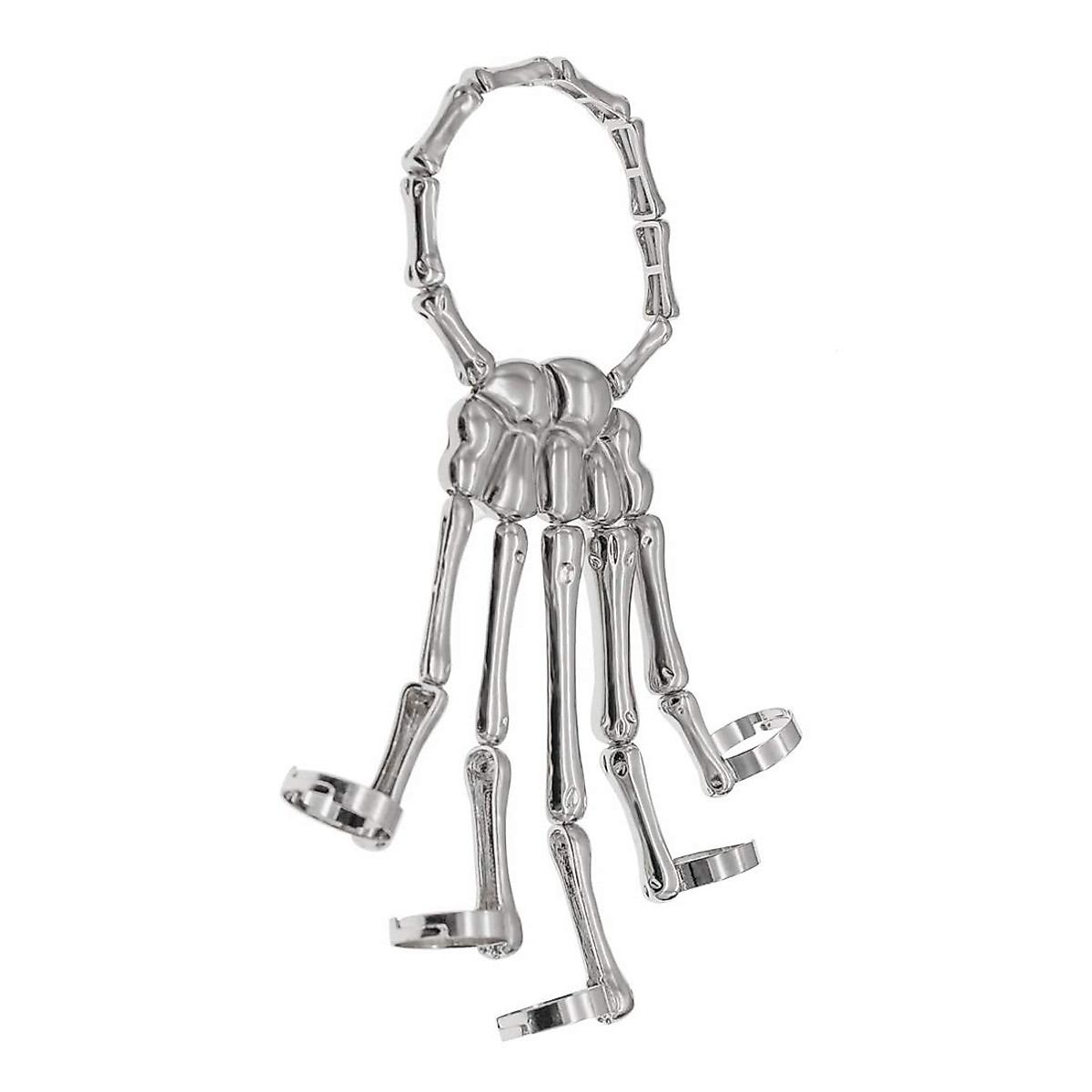 Men Women's Halloween Skull Skeleton Hand Bracelet With Ring (Silver)