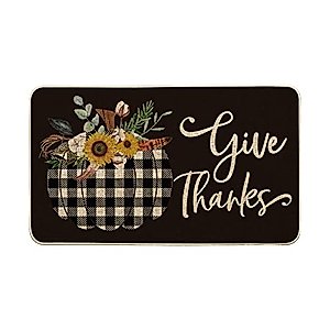 Artoid Mode Give Thanks Buffalo Plaid Pumpkin Decorative Doormat Black, Seasonal Fall Harvest Vintage Thanksgiving Low-Profile Floor Mat Switch Mat for Indoor Outdoor 17 x 29 Inch