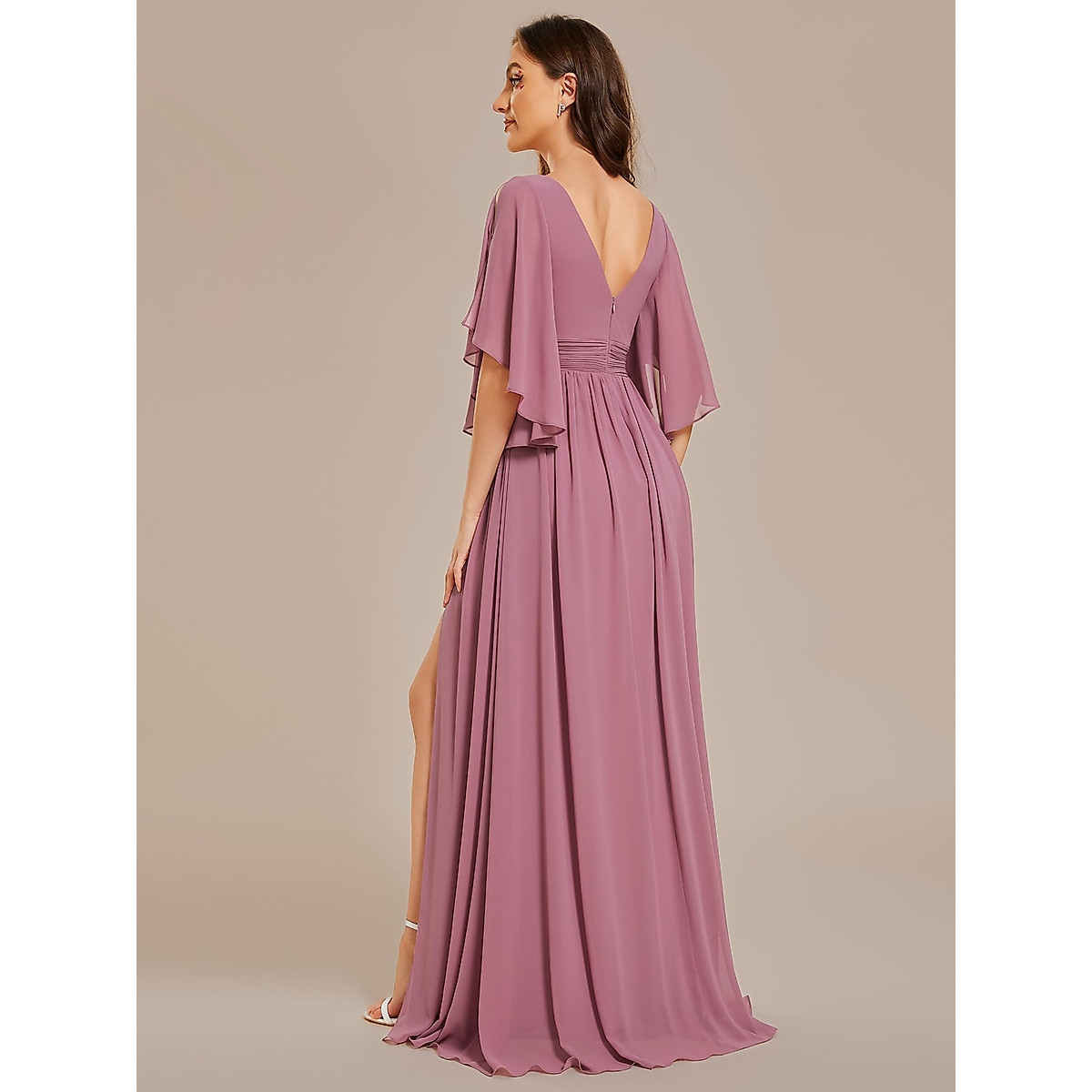 Ever-Pretty Women's V Neck A Line Split Half Sleeves Floor Length Chiffon Ball Gowns Orchid US16