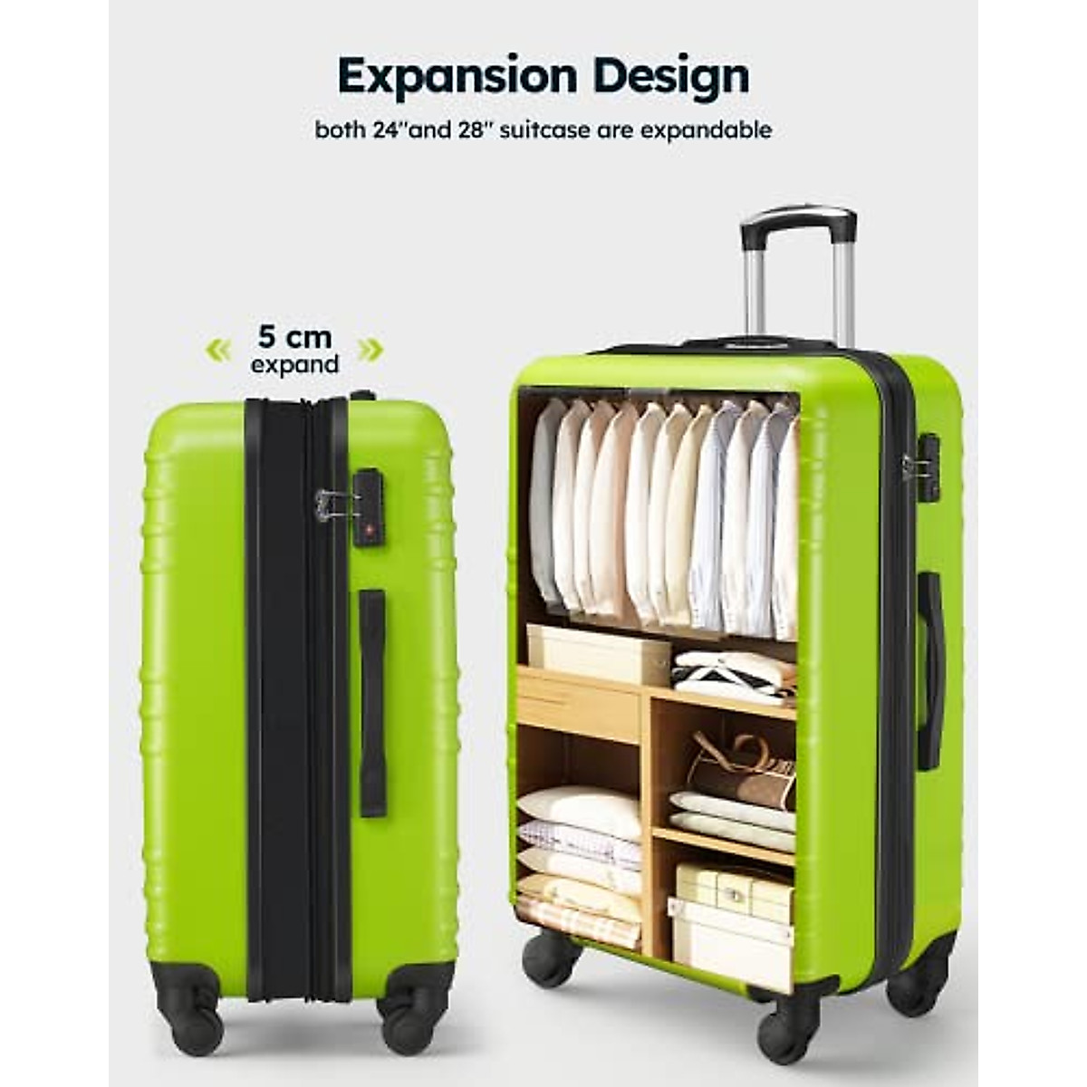 3 Piece Luggage Set Expandable (Only 24" & 28"), Hard Suitcase Set with Spinner Wheels and TSA Lock, Travel Luggage Set (Green Lime)