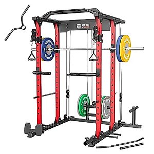 MAJOR LUTIE Power Cage with 230LBS Competition Bumper Plates and Olympic Barbell, PLM03 All-in-One Power Rack with Adjustable Cable Crossover System and Exercise Machine Attachment Red