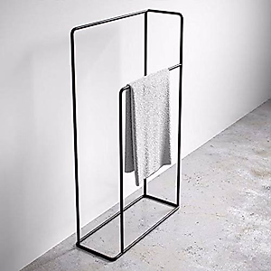 Towel Holder Stand Floor Standing Towel Rack for Bathrooms with 2 Towel Rails Modern Black Freestanding Shelf Storage Metal with Rust-Resistant Finish for Bath Towels and More