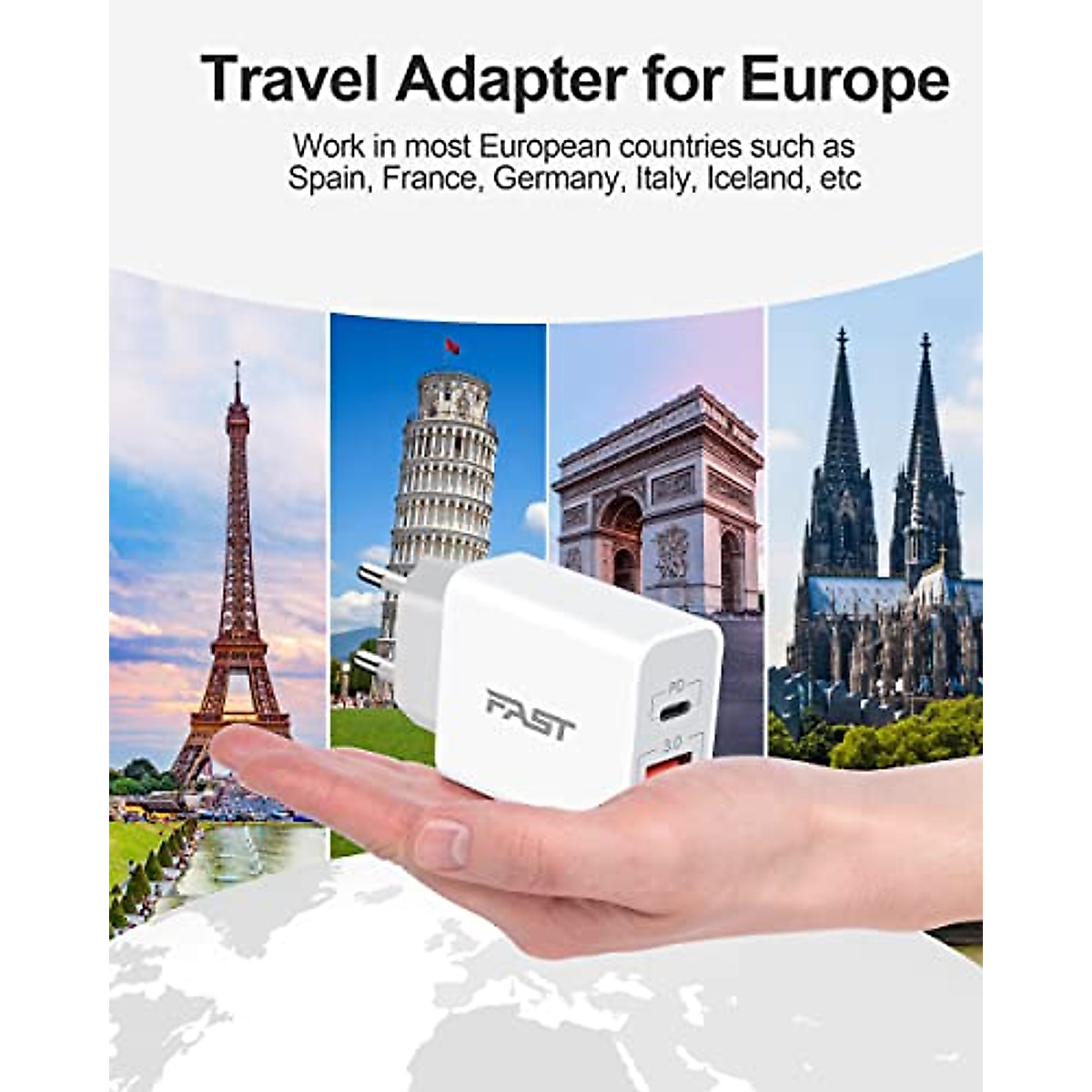 European Travel Plug Adapter, GLUGRU 2-Pack 20W Dual Port USB C Wall Charger Type C Fast Charging Block International Power Adapter US to Europe EU for iPhone 13 12 11 Pro Max XS XR X 8, Pad, Samsung