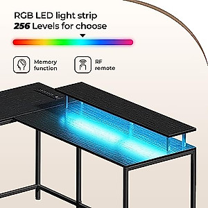 PRAISUN L Shaped Office Desk with LED Lights and Power Outlets, Reversible Computer Desk with File Cabinet and Monitor Shelves, Home Office Desk, Corner Gaming Desk, Black