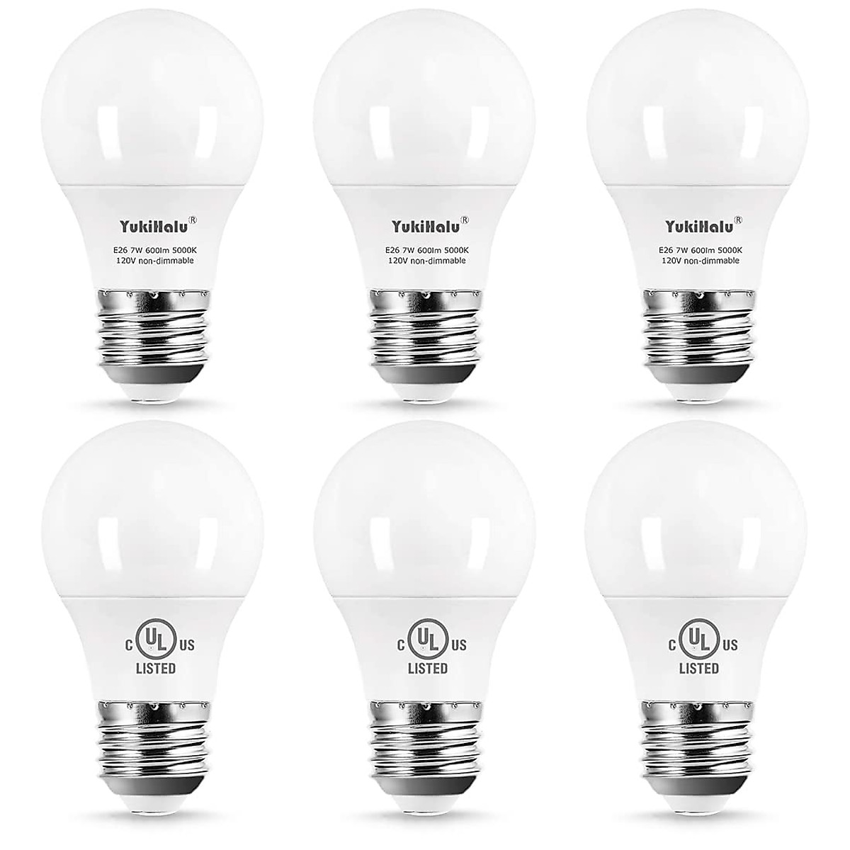 YukiHalu A15 LED Light Bulbs, 60W Equivalent, E26 Base, 2700K/3000K/5000K White, 7W 600 Lumens 120V, UL Listed, Ceiling Fan Light Bulbs, Appliance Bulb, Not Dimmable, Pack of 6 (5000K Daylight White)