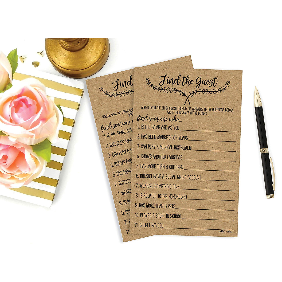 Find the Guest Game - Kraft (50-Sheets) Rustic Bridal Wedding Shower or Bachelorette Party Game, Printed Engagement Rehearsal (Large Size Sheets)