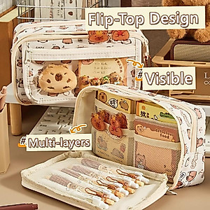 NAPIMICO Flip Top Pencil Case Cute Pencil Pouch with Kawaii Capybara Decors Makeup Bag Aesthetic Pen Holder Office Stationery (Brown)